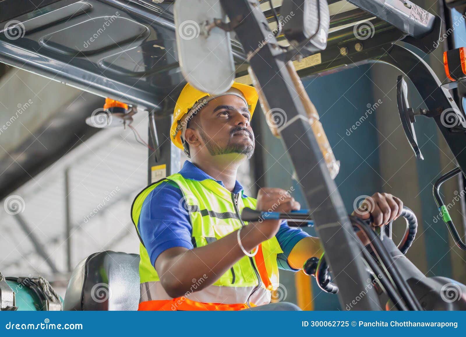 Worker Driver at Warehouse Forklift Loader Works To Containers Box ...