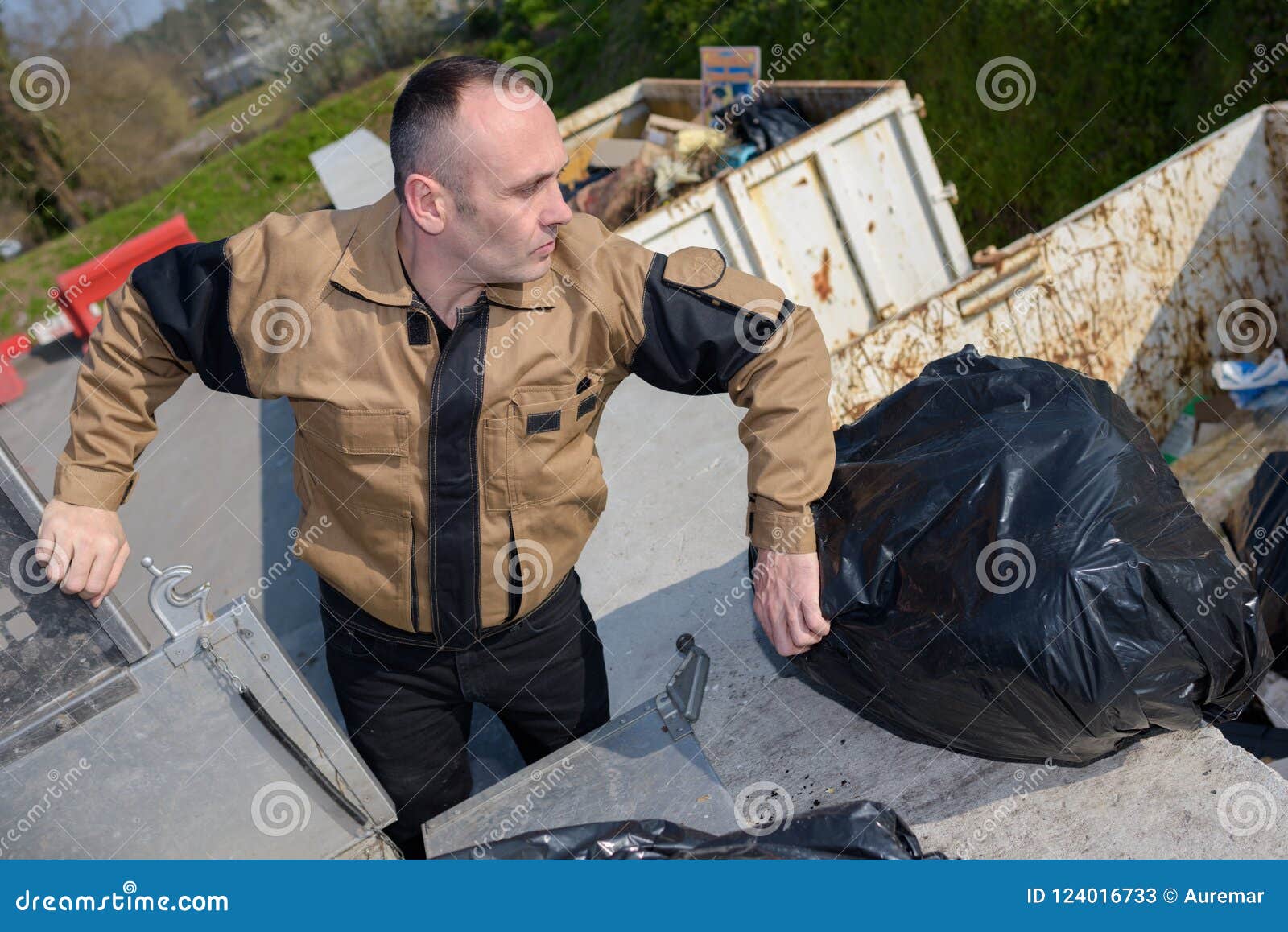 Worker Dumping Rubbish Bags Stock Image - Image of unwanted, package ...