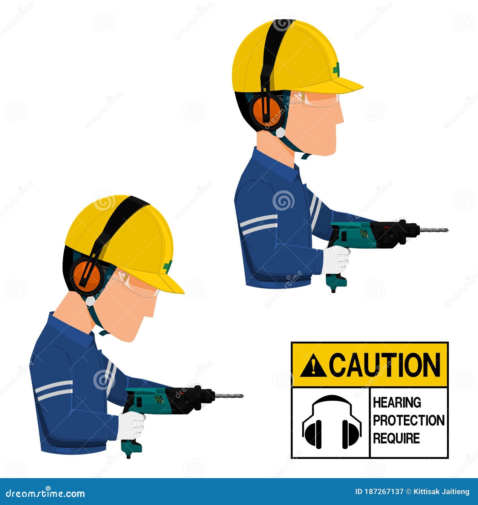 A Worker with Earmuffs is Using Drill Machine on Transparent Background ...