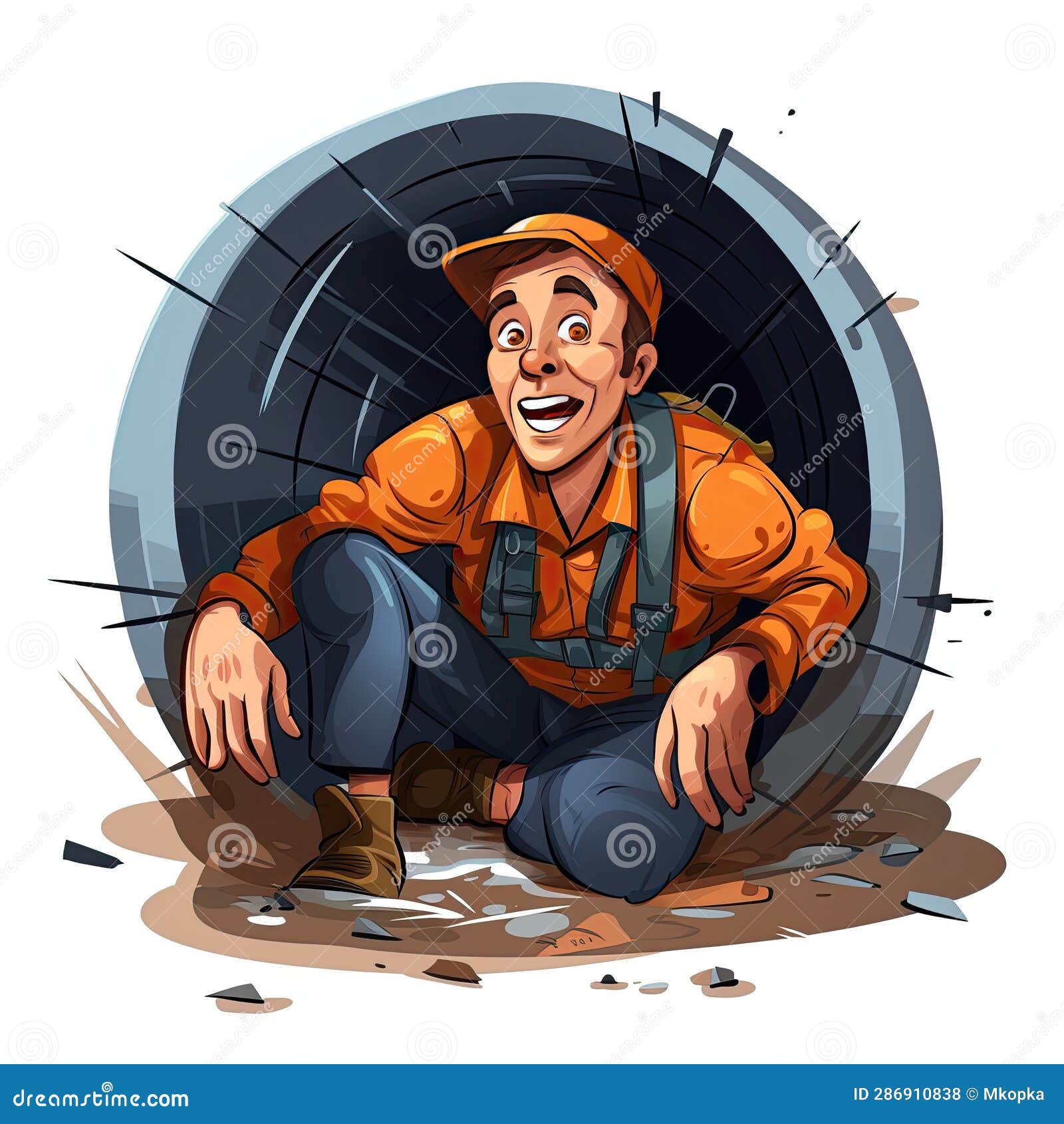 Worker Emerging from a Sewer Pipe Drain, Cartoon, Isolated on White ...
