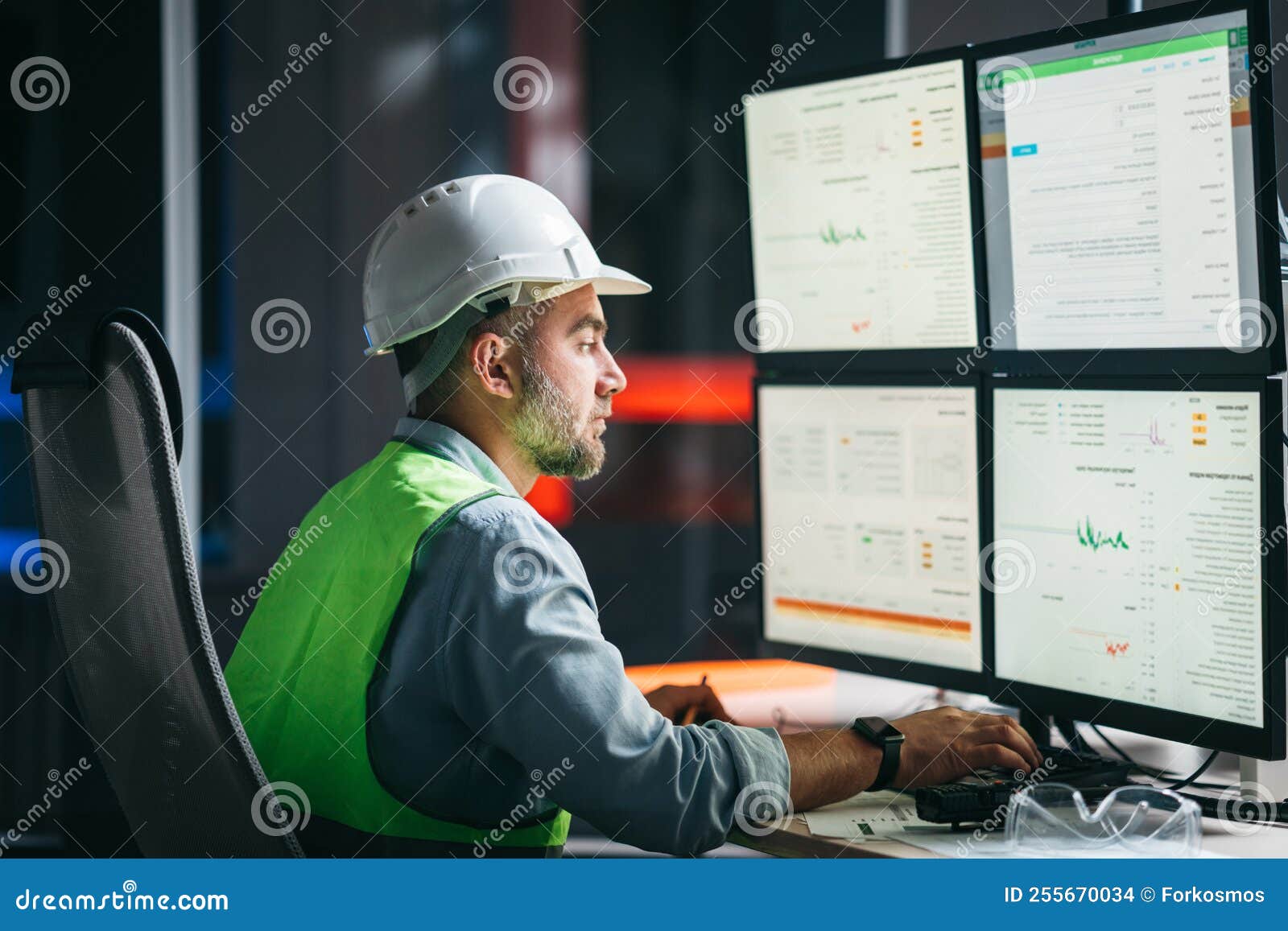 Worker Engineer Control Process of Production Uses Computer with Modern ...