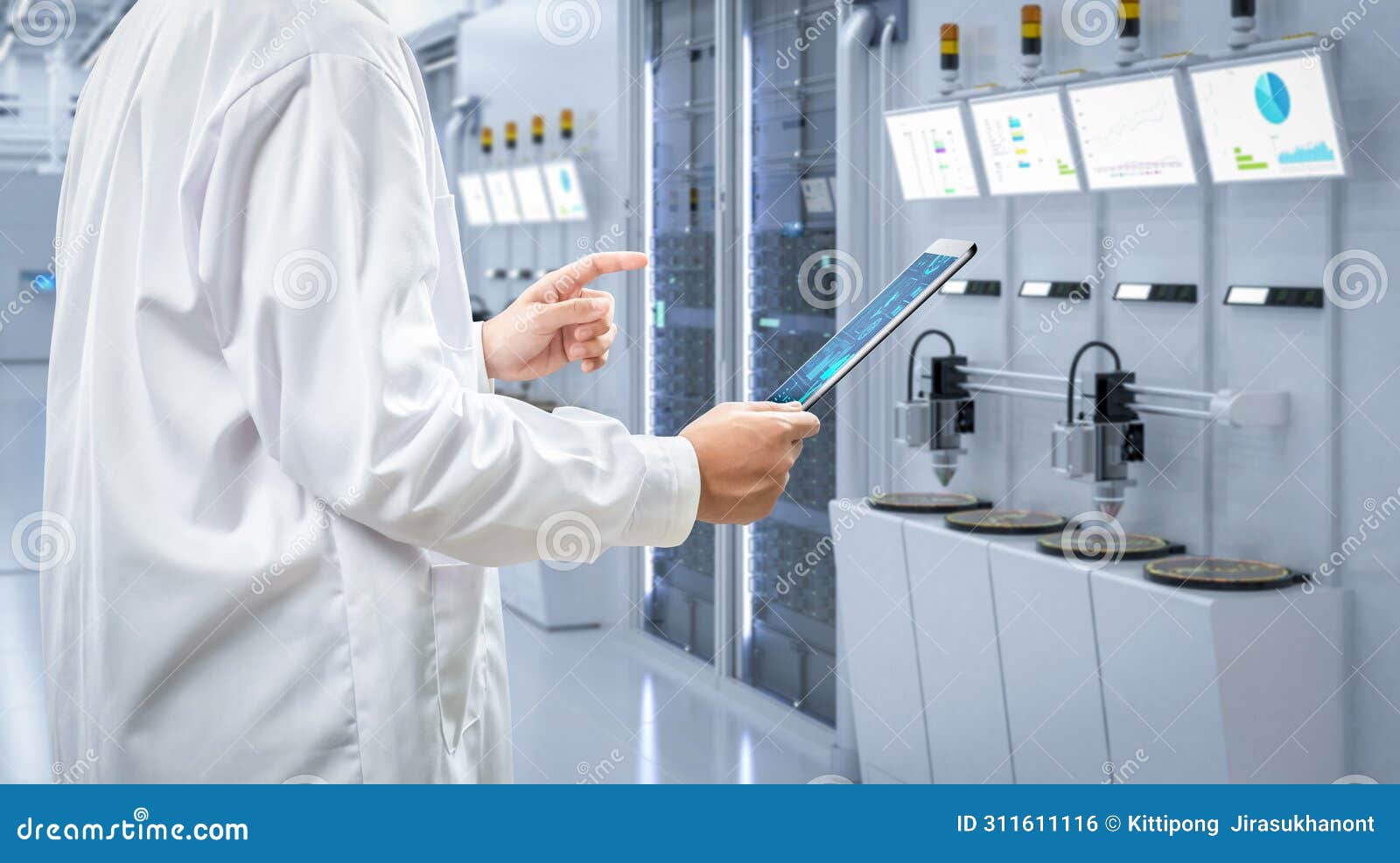 Worker or Engineer Wears Lab Coat Work in Semiconductor Factory Stock ...