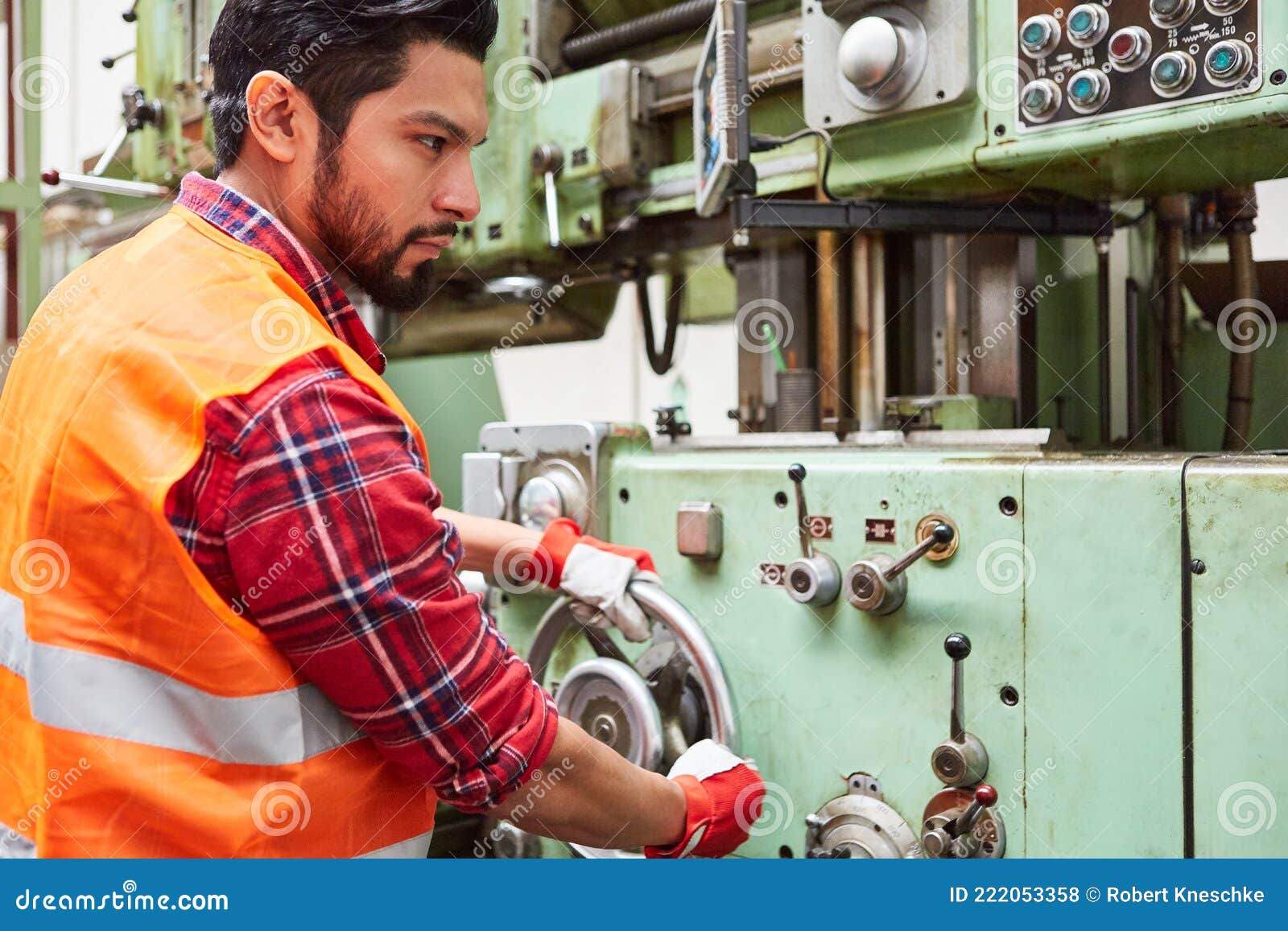 Worker in Factory Operates a Drill Press Stock Photo - Image of ...