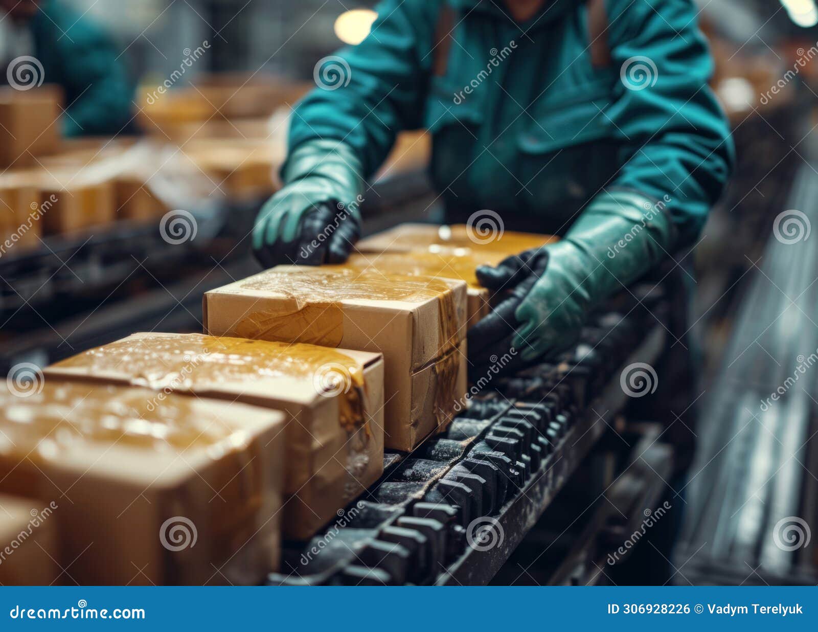 Worker in Factory Sorting Boxes on Conveyor Belt Stock Illustration ...