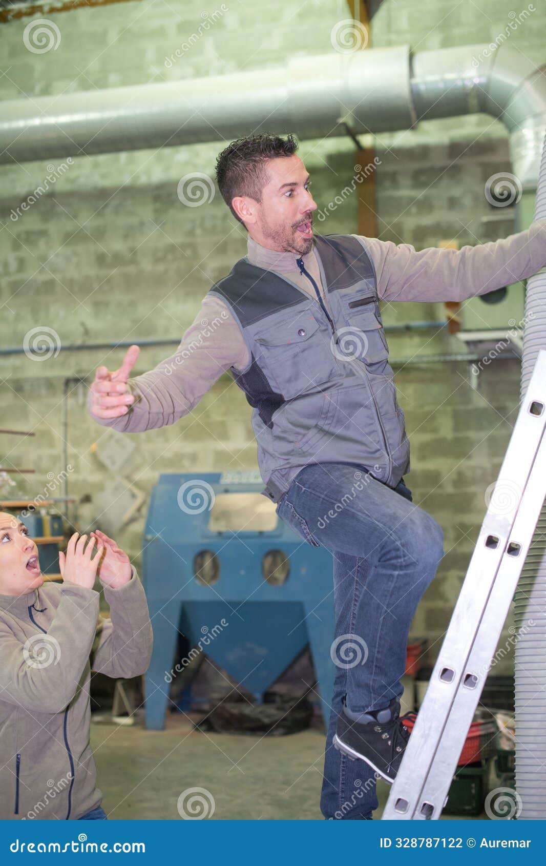 Worker Falling from Ladder in Factory Stock Photo - Image of liability ...