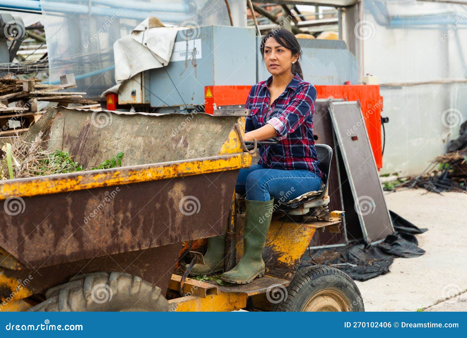 Worker Farmer Working on Tractor in Orangery Stock Photo - Image of ...