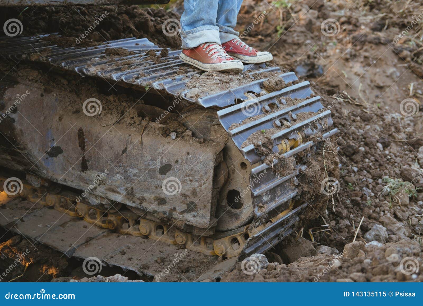Worker Feet Wearing Sneaker on Excavator. Man on Backhoe Stock Image ...