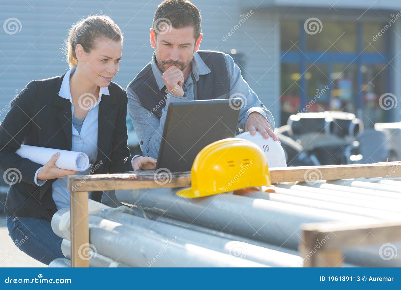 Worker and Female Boss Outside Factory Stock Image - Image of outside ...