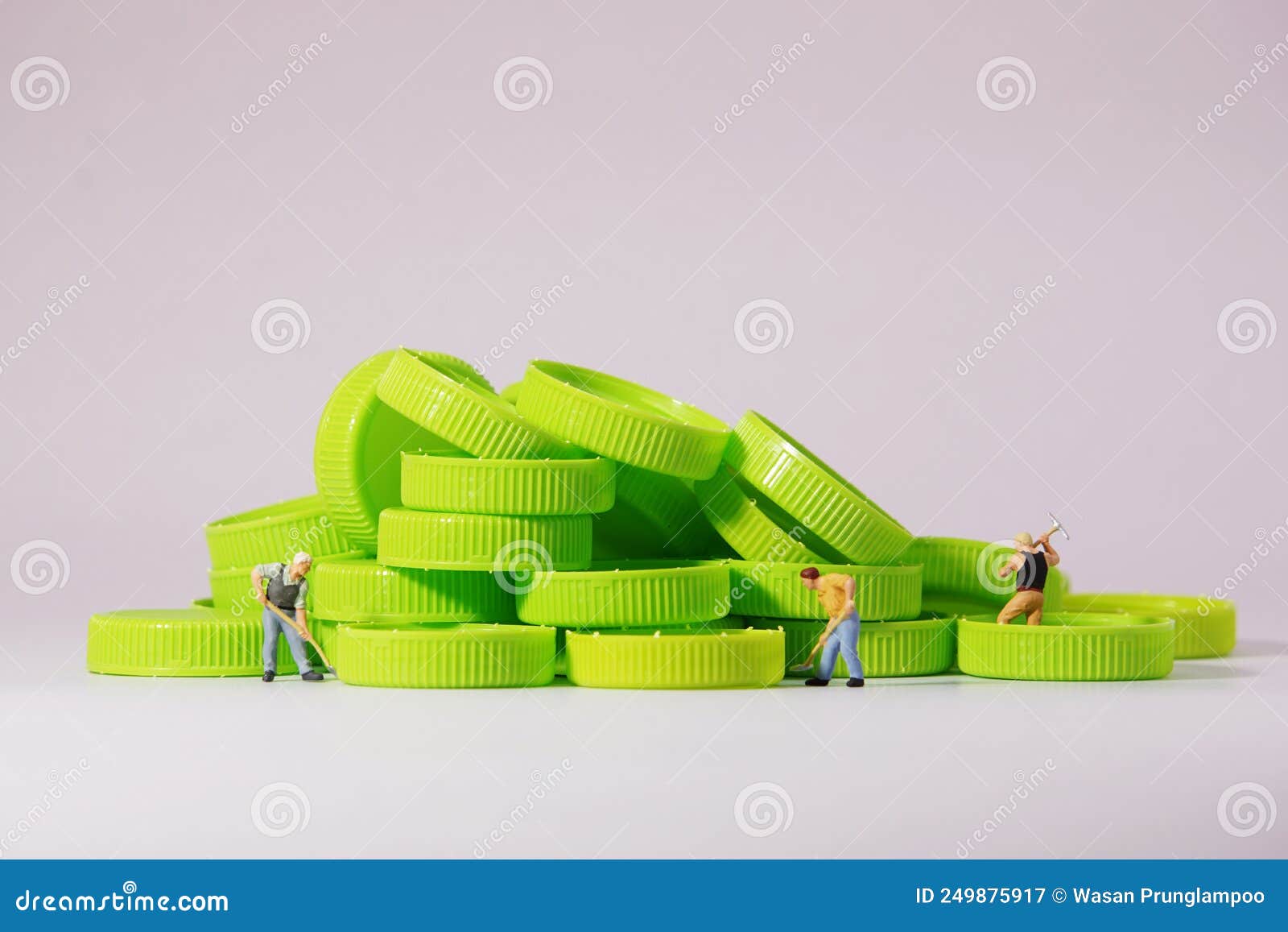 Worker Figure Standing on Plastic Cap. Recycle Material Concept Stock ...