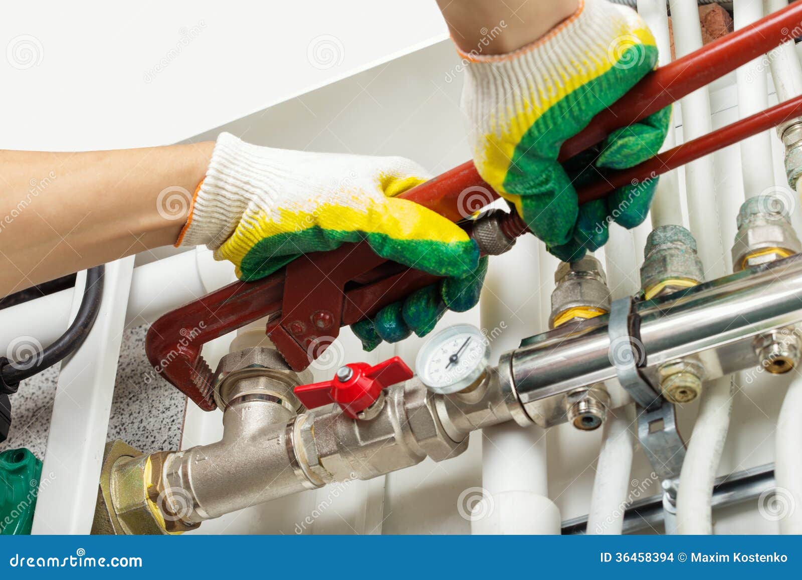 Worker Fixing Heating System Stock Photo - Image of plumber, hands ...