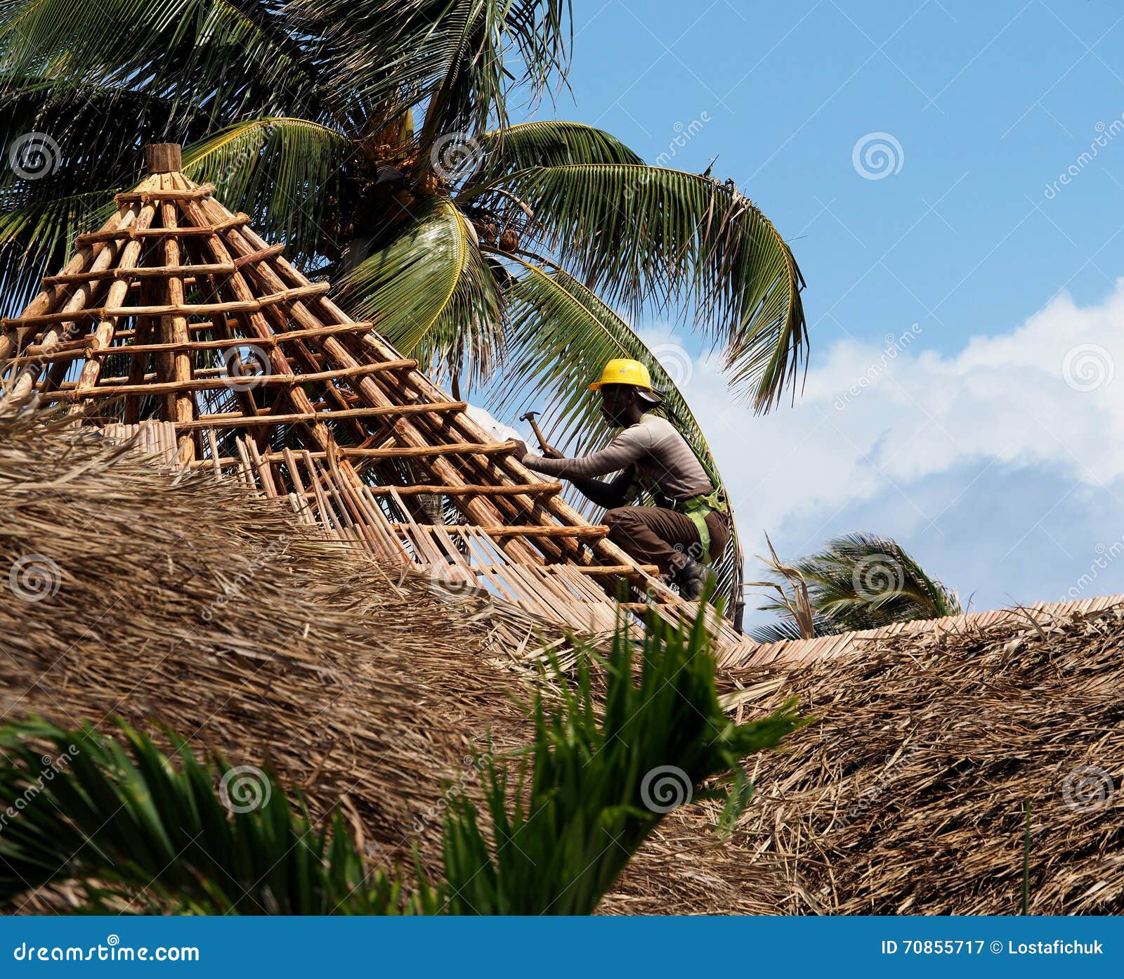 Worker Fixing Thatched Roof Building Editorial Photography - Image of ...
