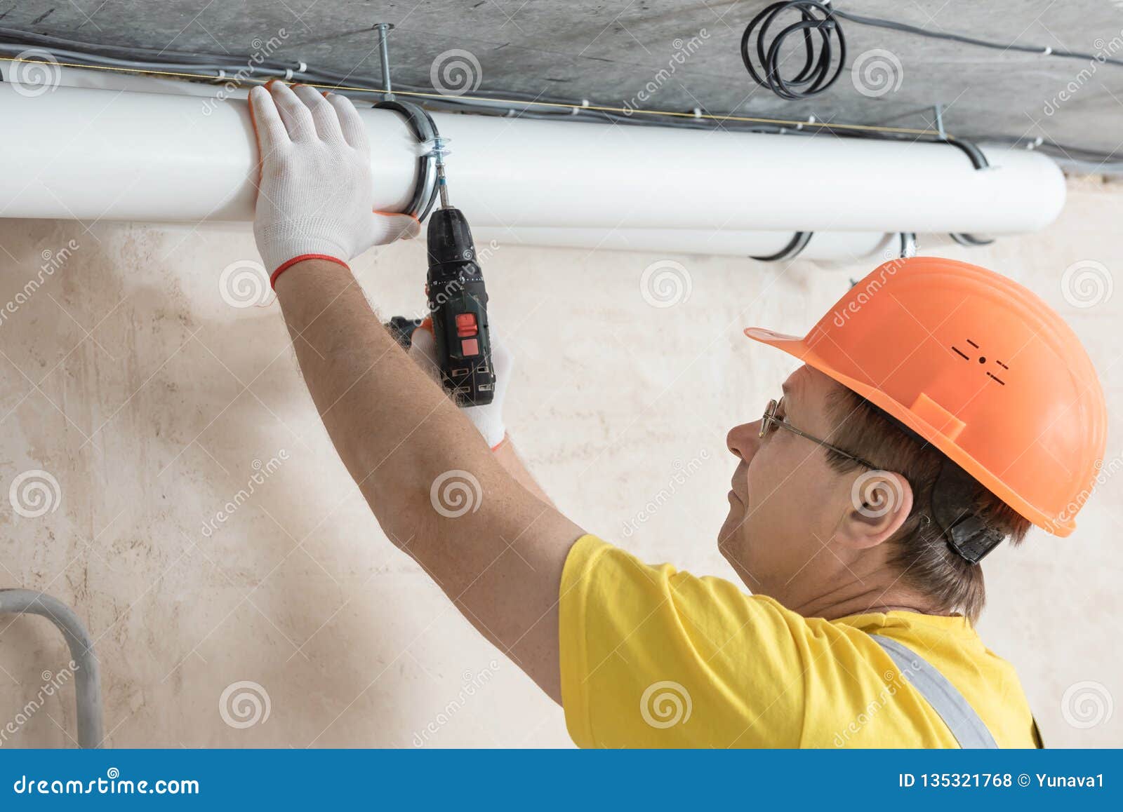 The Worker is Fixing Ventilation Pipes Stock Photo - Image of concrete ...