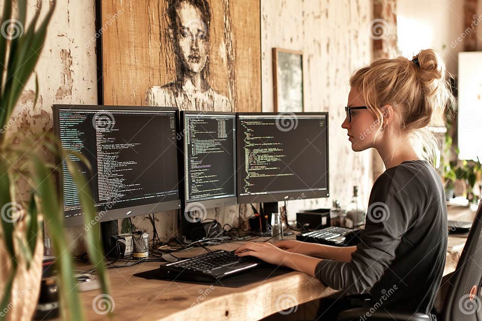 It Worker Focusing on Multiple Monitors Coding in a Modern Office ...