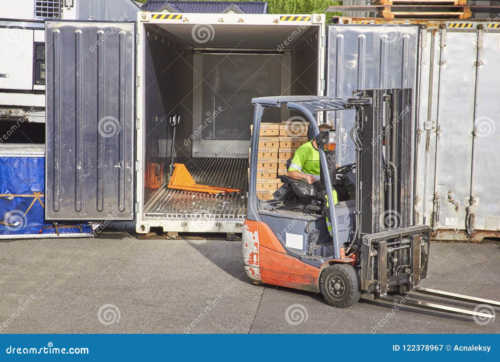 Worker on Forklift Loading Car Stock Image - Image of moving, storage ...