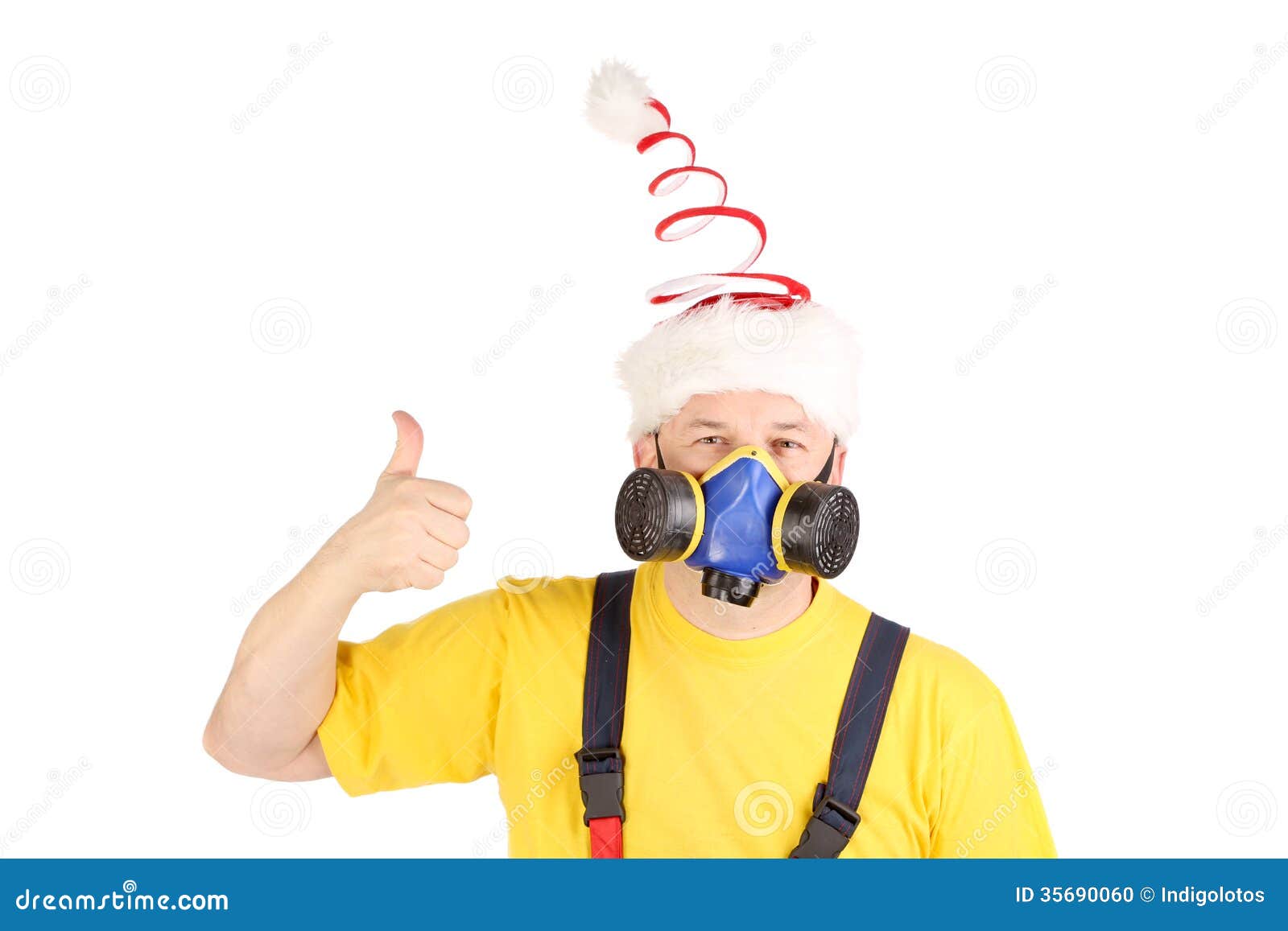 Worker in Gas Mask and Fun Hat Shows Thumb Stock Photo - Image of hand ...