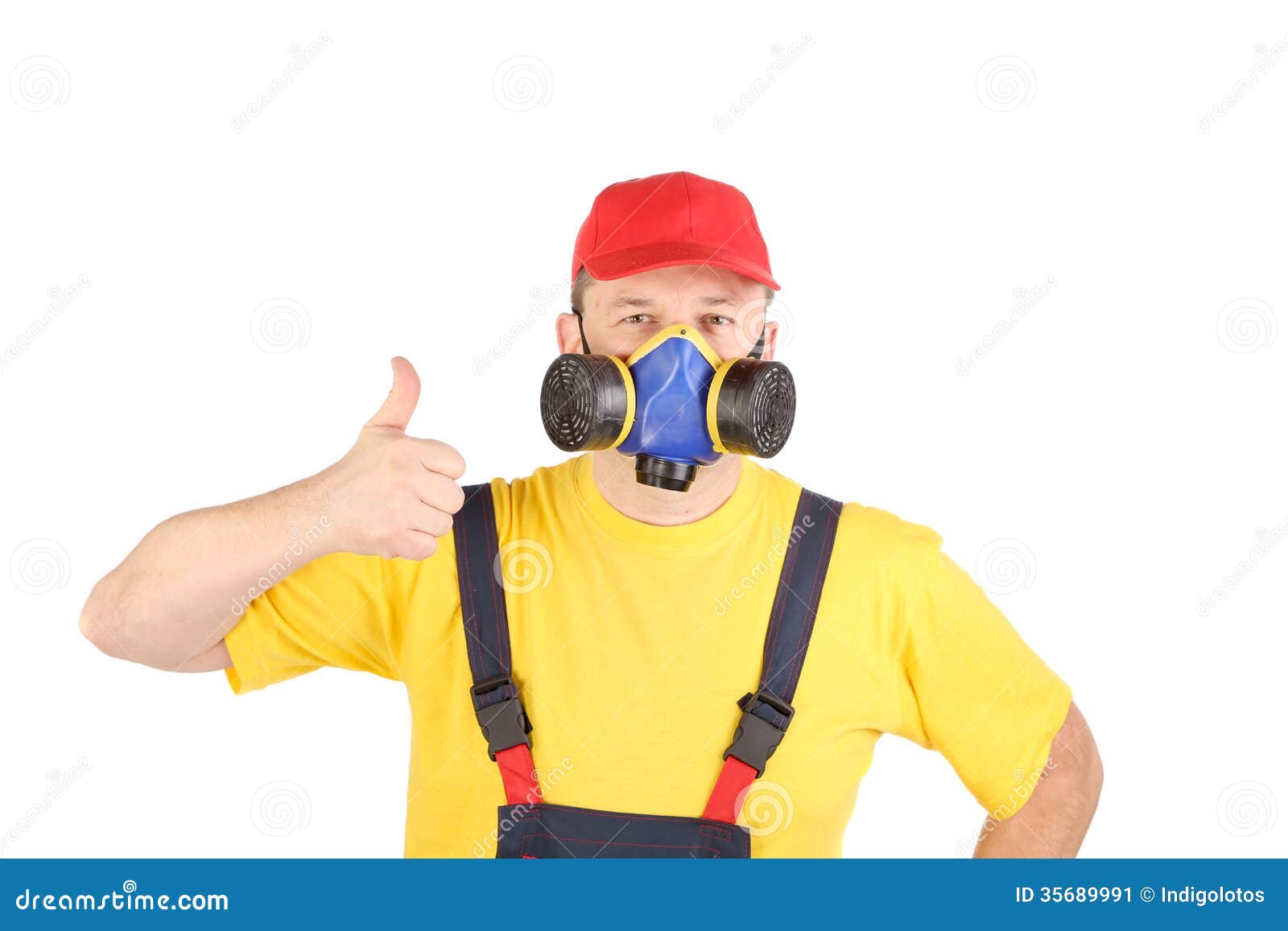 Worker in Gas Mask Shows Thumb Stock Image - Image of building ...