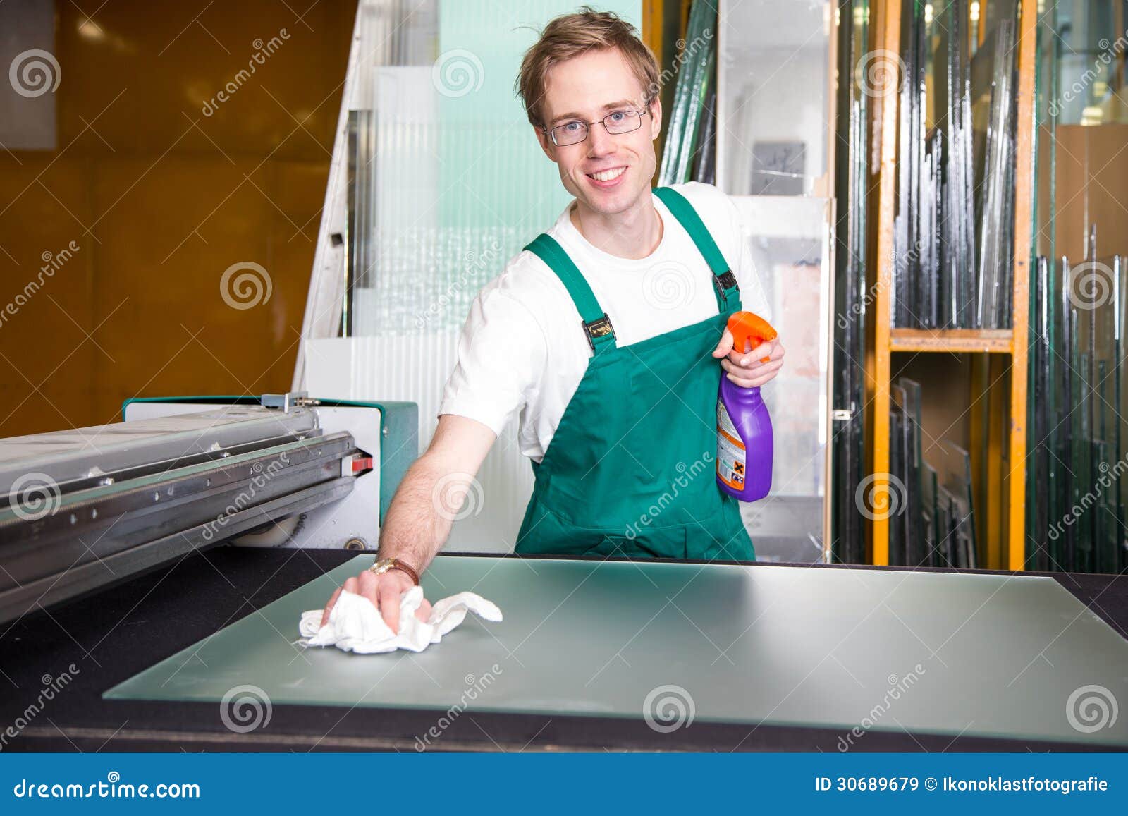 Worker in Glazier S Workshop Cleaning a Glass Stock Image - Image of ...