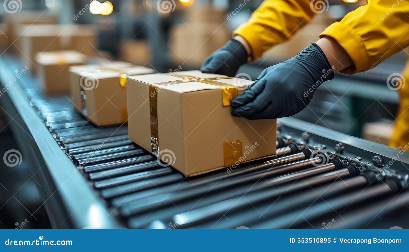 Worker in Gloves Packing Boxes on a Conveyor Belt in a Warehouse ...