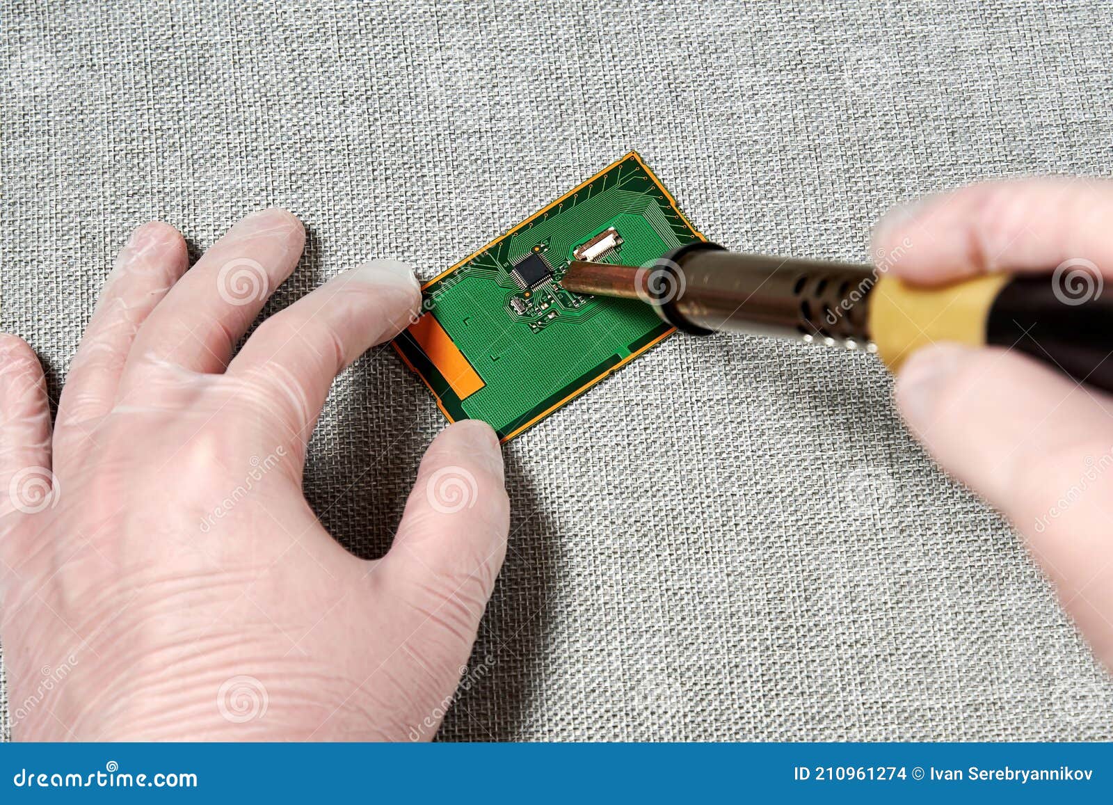 A Worker in Gloves Repairing a Pcb with a Microchip Stock Photo - Image ...