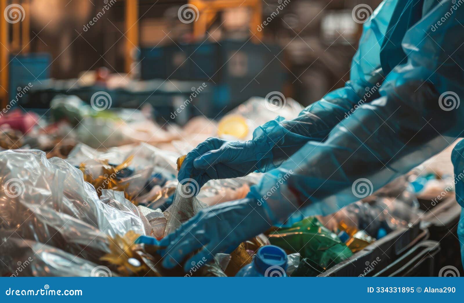 Worker in Gloves Sorting Garbage on the Conveyor Belt. Ecological ...