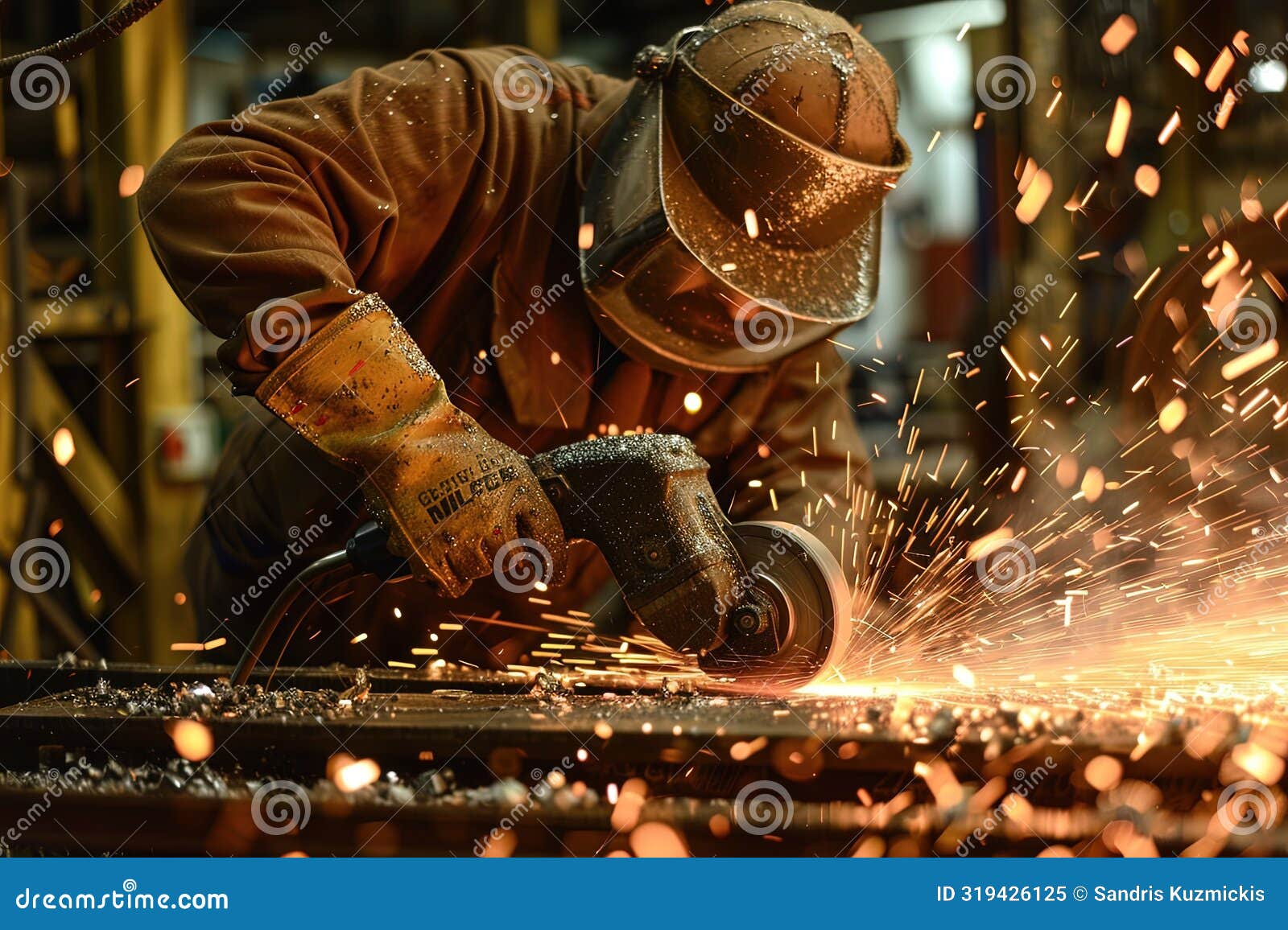 Worker Grinding a Piece of Metal. Generative AI. Stock Illustration ...