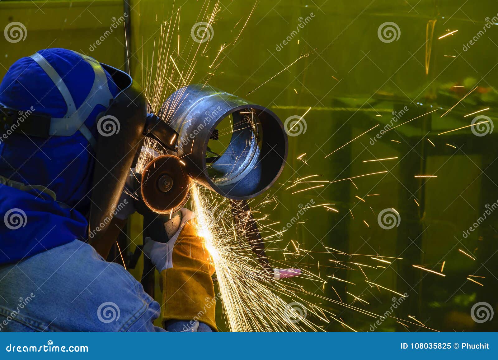 The Worker Grinding the Steel Pipe after Welding Stock Image - Image of ...