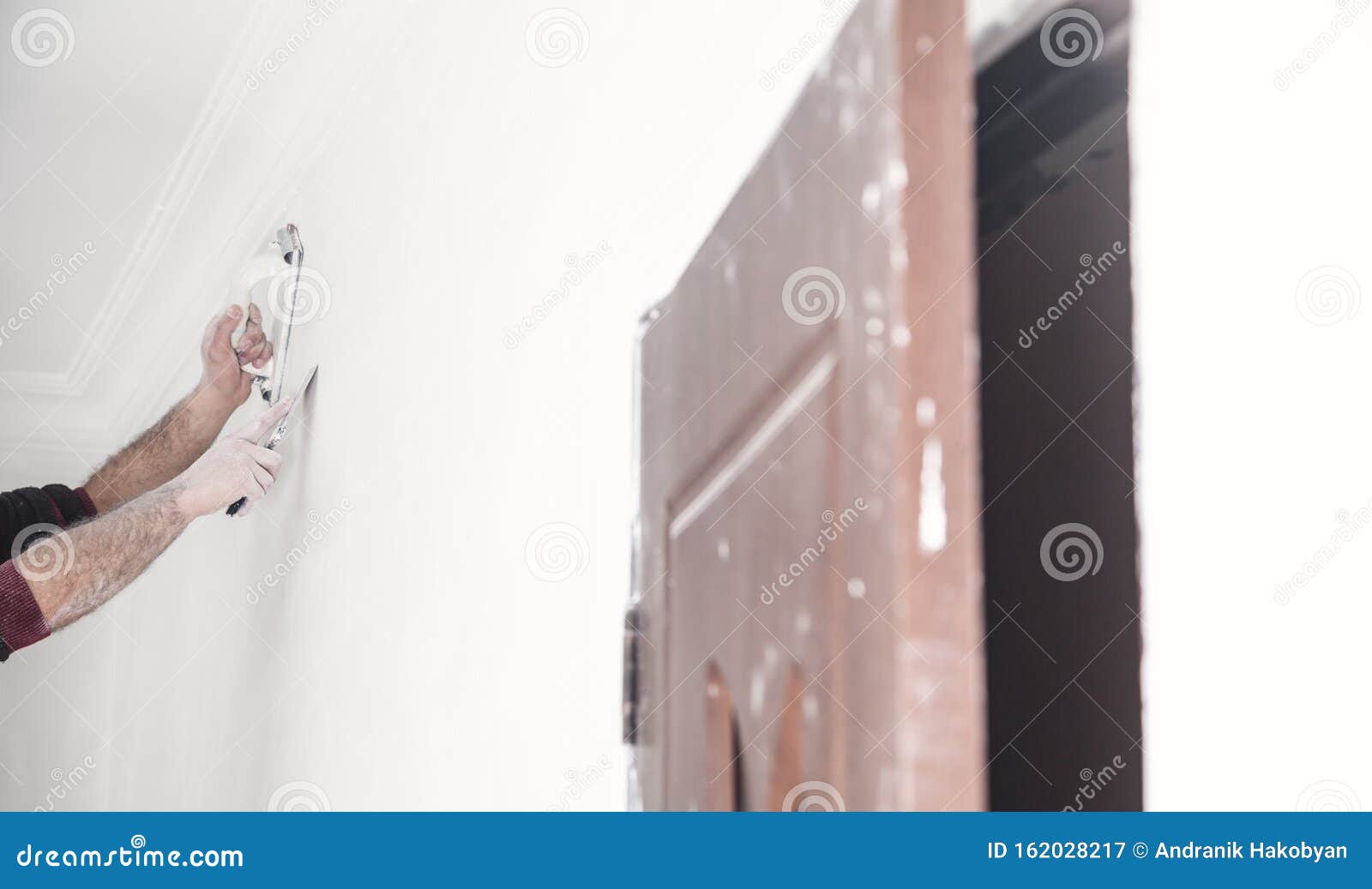 Worker Grinding Wall with Sandpaper. Renovation Stock Image - Image of ...
