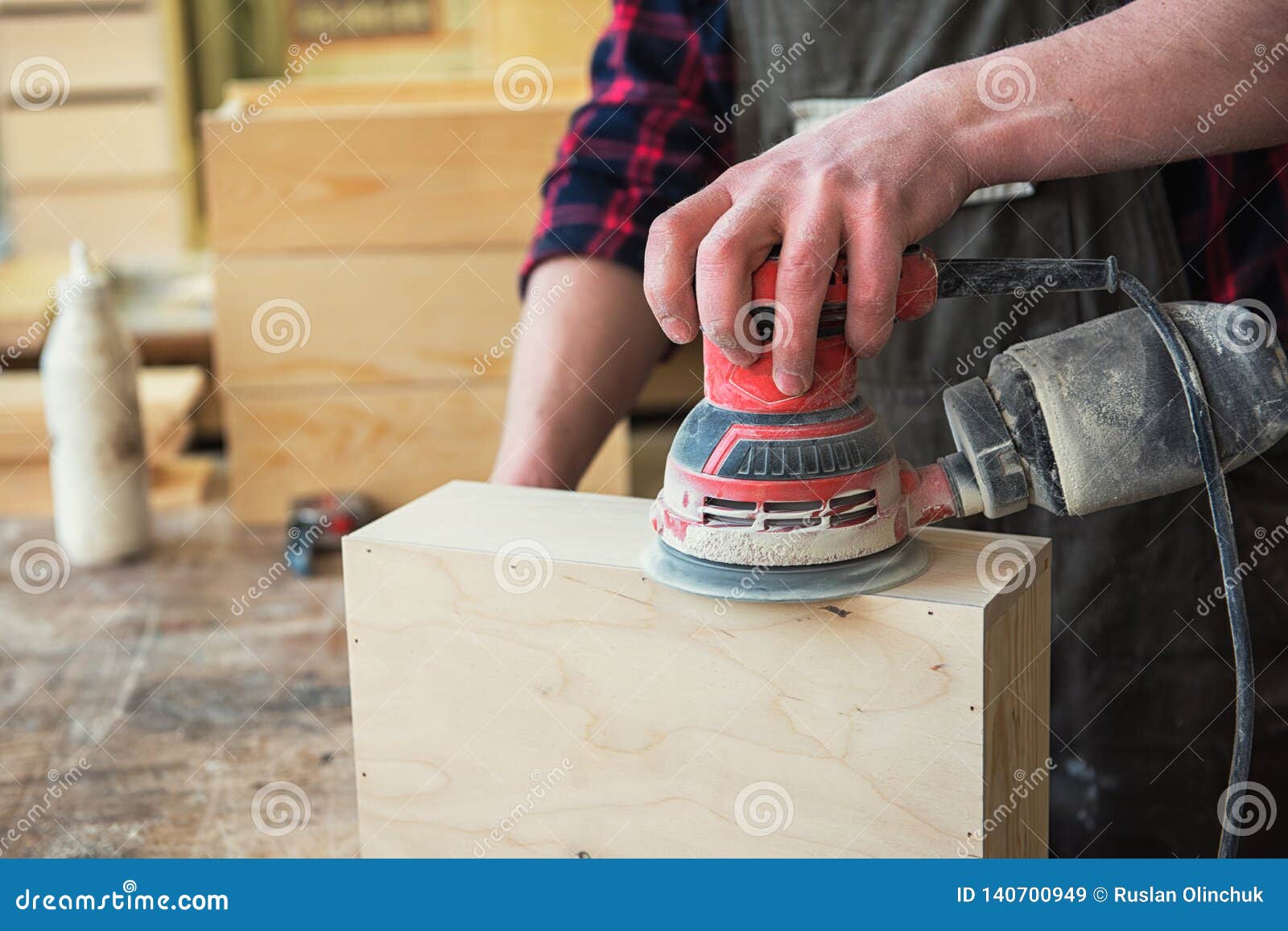Worker grinds the wood box stock image. Image of manual - 140700949