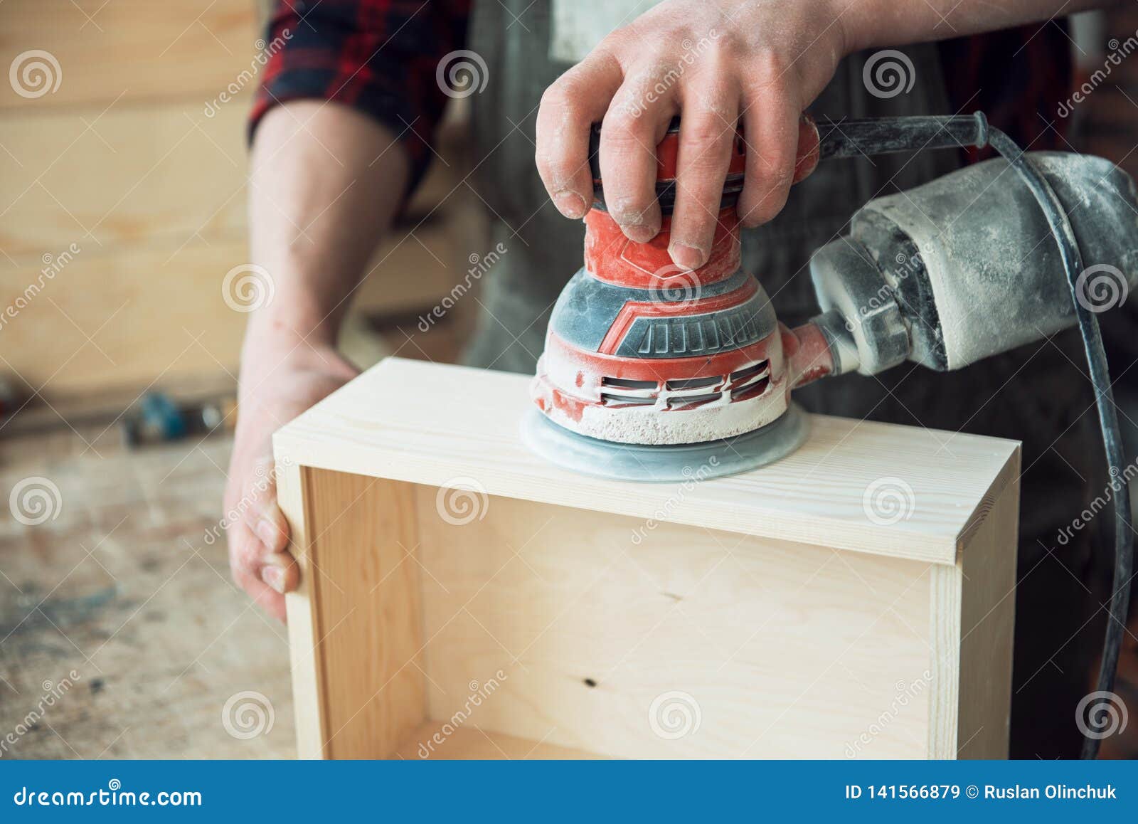 Worker grinds the wood box stock image. Image of grinder - 141566879