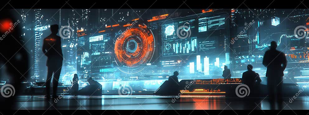 Worker Group in Office with Futuristic Graphical User Interface. Stock ...