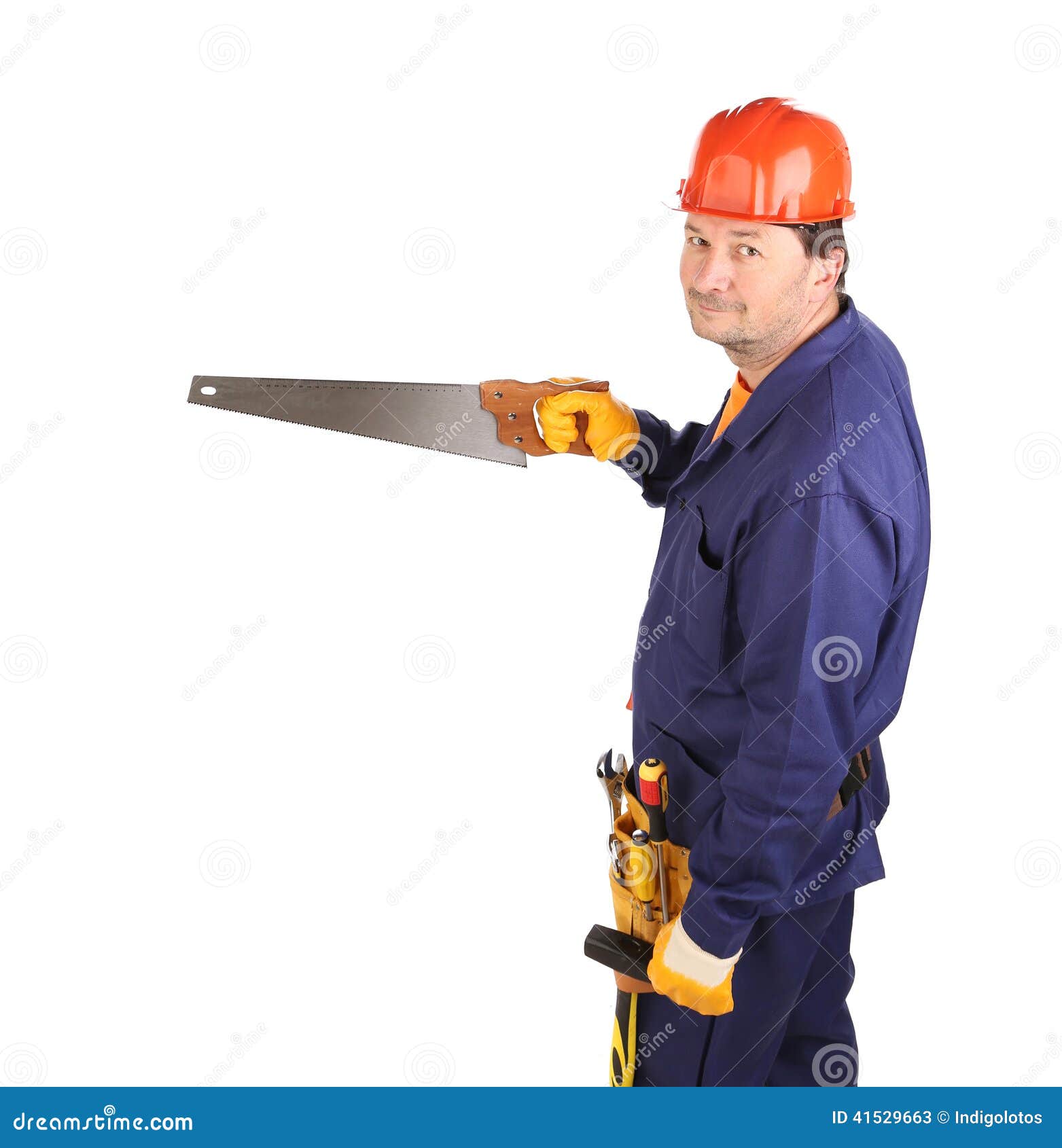 Worker with hand saw. stock image. Image of gloves, isolated - 41529663