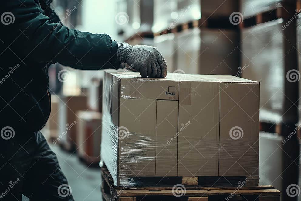 A Worker Handling a Packaged Box in a Warehouse Setting Stock ...