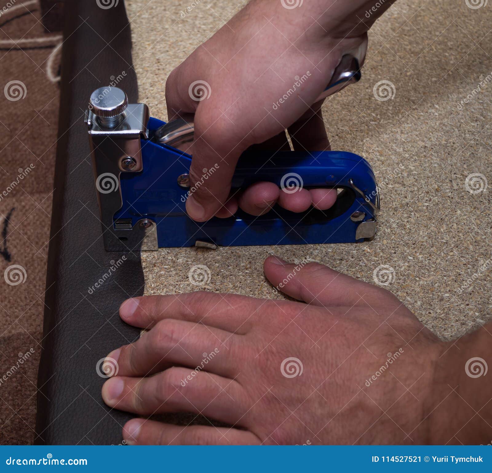 Worker Hands Using Stapler and Leather Upholstering the Paricle Board ...