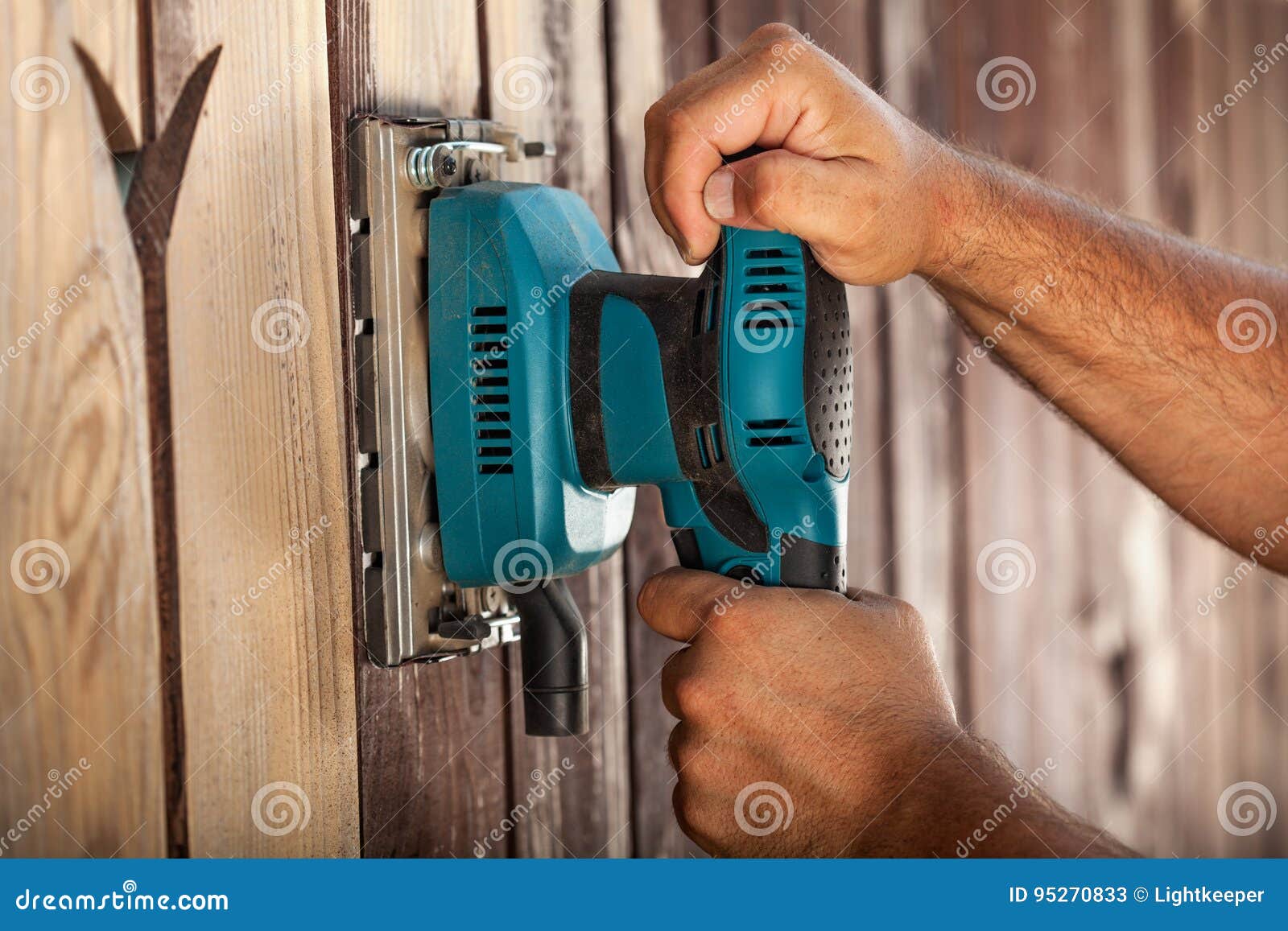 Worker Hands Using Electric Vibrating Sander - Closeup Stock Image ...
