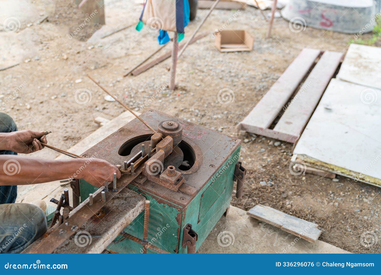 Worker Hands Working by Using Rebar Bender Machine Reinforcing Concrete ...