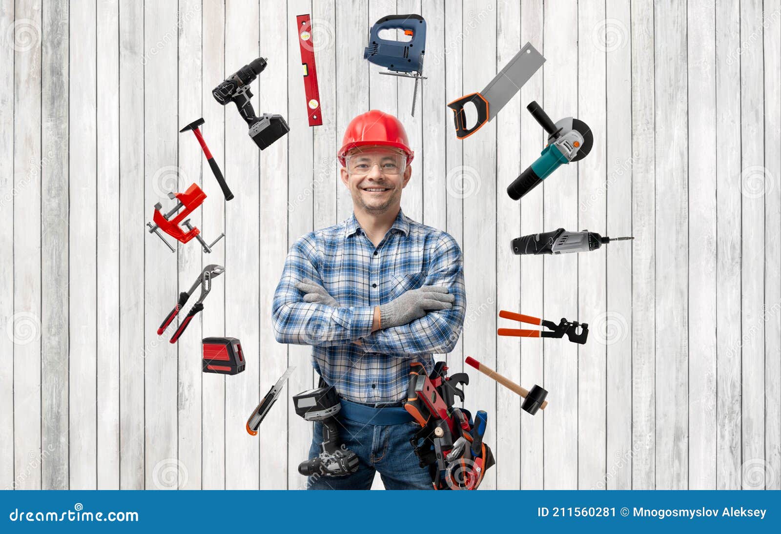 Worker Handyman Jack of All Trades or Builder with Construction Tools ...