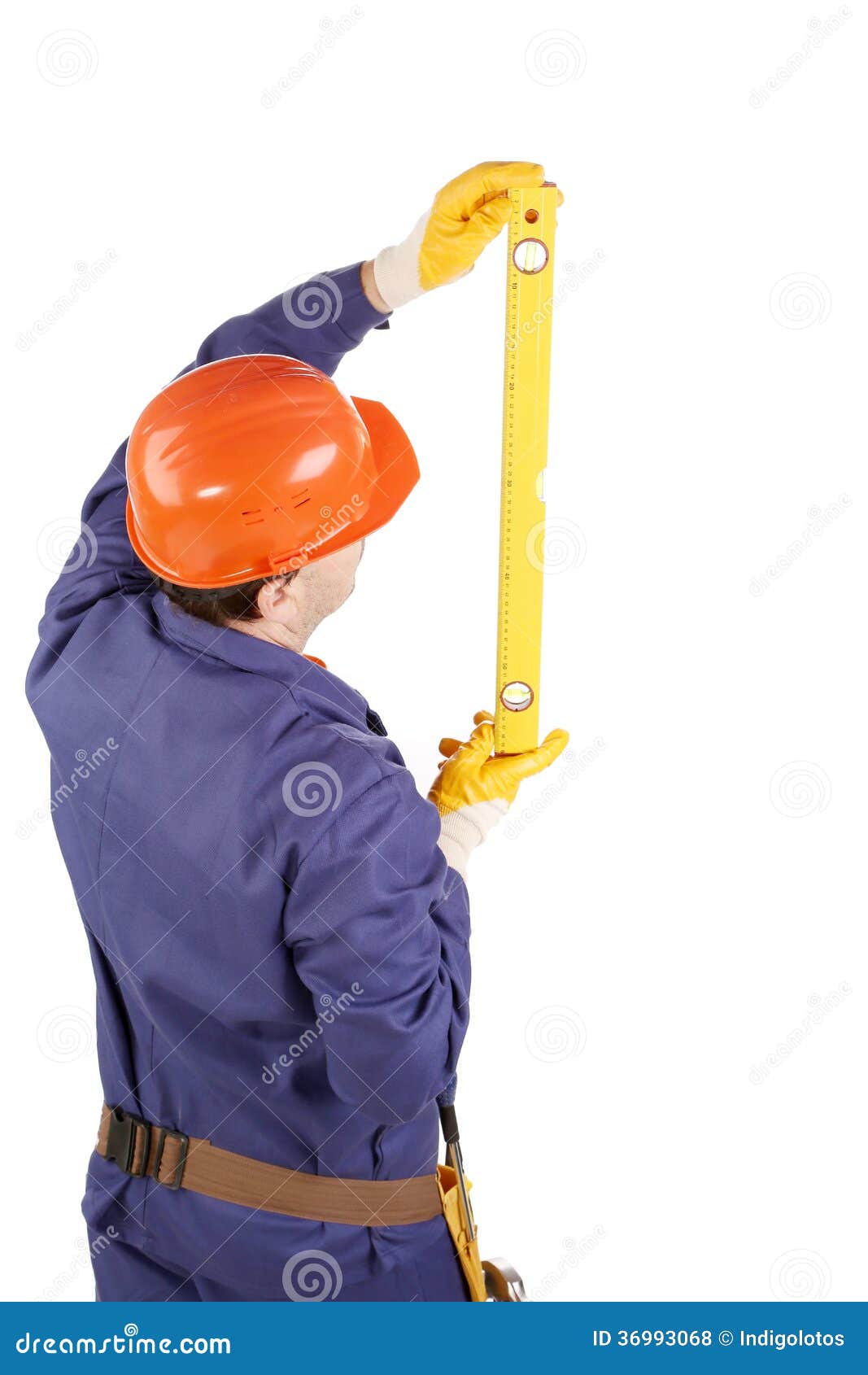 Worker in Hard Hat Raising Ruler. Stock Photo - Image of portrait ...