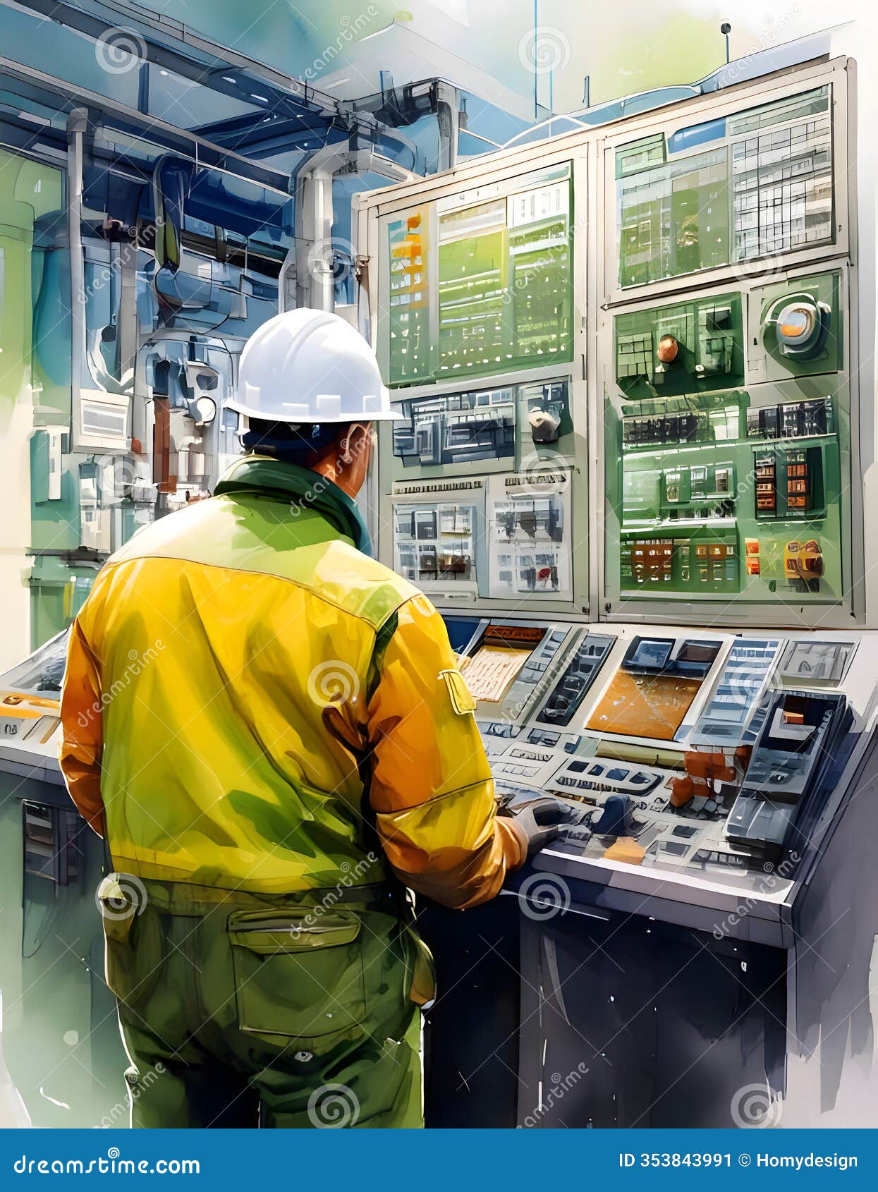 A Worker in a Hard Hat and Safety Gear Operates a Complex Control Panel ...