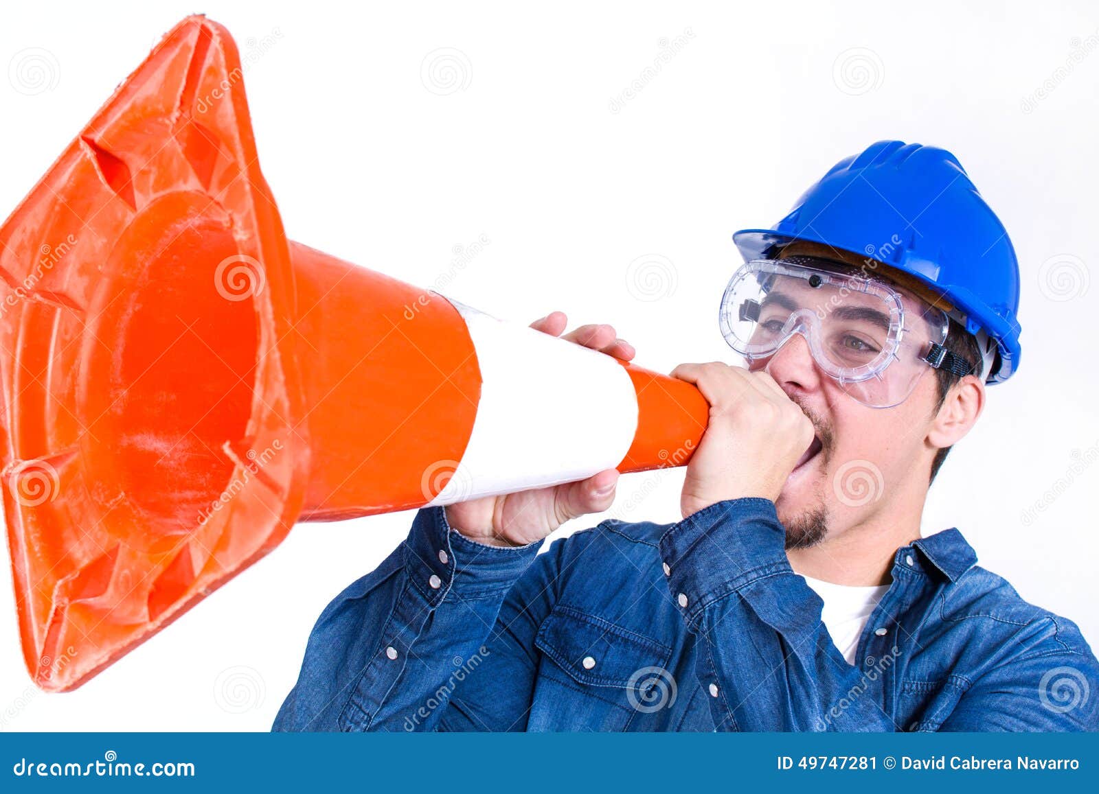 Worker with Hardhat and Cone Stock Image - Image of screaming, full ...