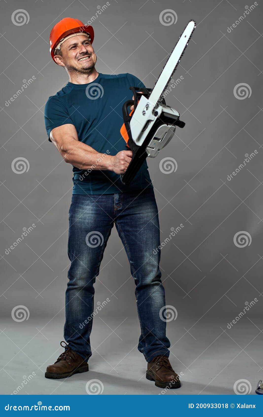 Worker in Hardhat with Chainsaw Stock Photo - Image of farmer, lumber ...