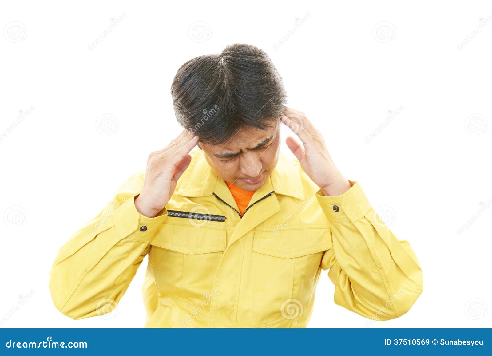 Worker having a headache stock image. Image of helmet - 37510569