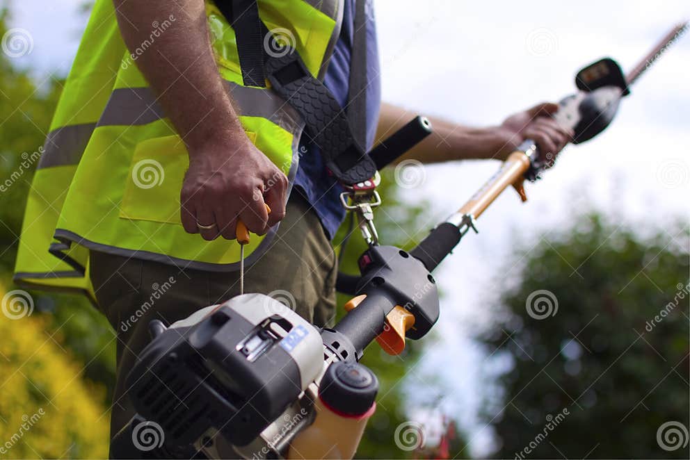 Worker with hedge trimmer stock photo. Image of protection - 14896528