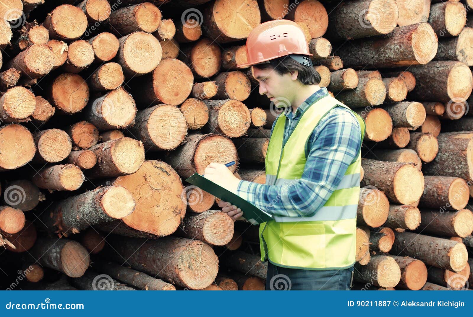 Worker in Helmet Counts Wood Lumber Stock Image - Image of plaid ...