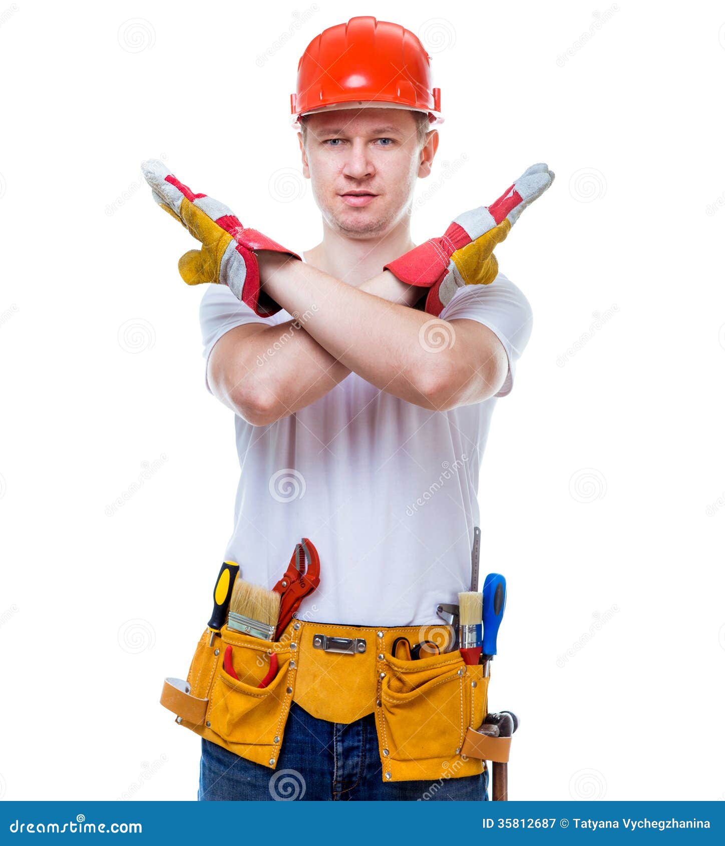Worker in Helmet Crossed Hands Stock Image - Image of casual, hammer ...