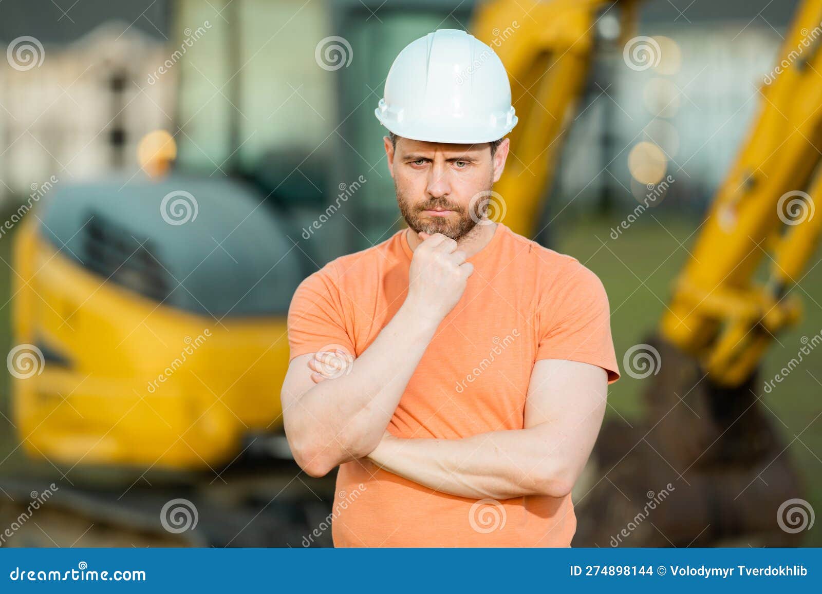 Worker in Helmet on Site Construction. Excavator Bulldozer Male Worker ...