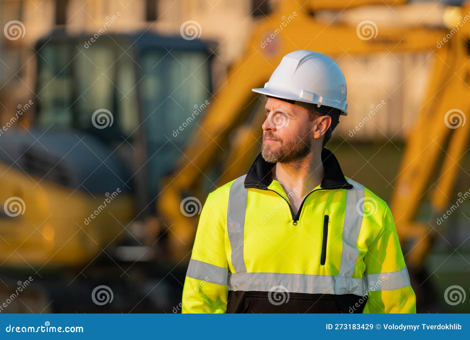 Worker in Helmet on Site Construction. Man Excavator Bulldozer Worker ...