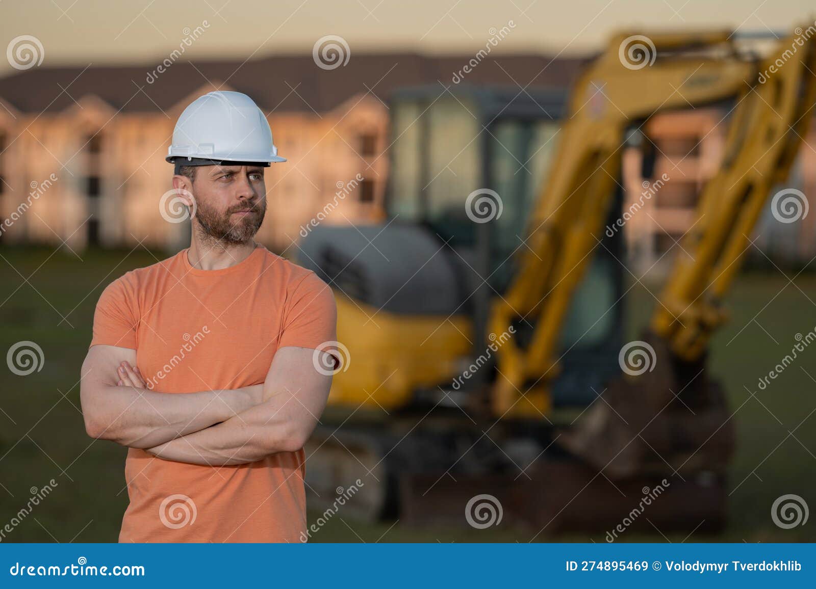 Worker in Helmet on Site Construction. Man Excavator Bulldozer Worker ...