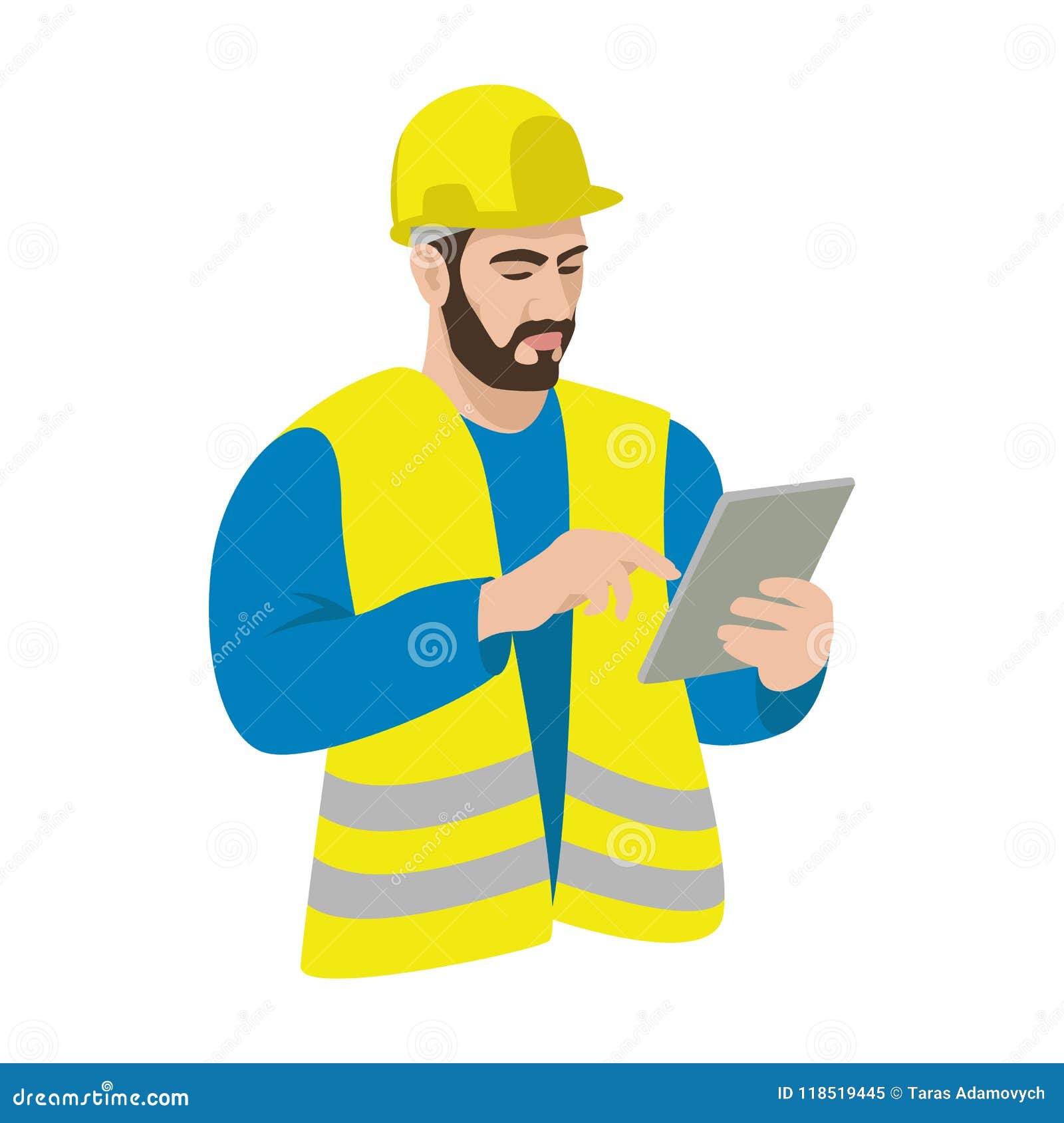 Worker in a Helmet with a Tablet in His Hands Stock Vector ...