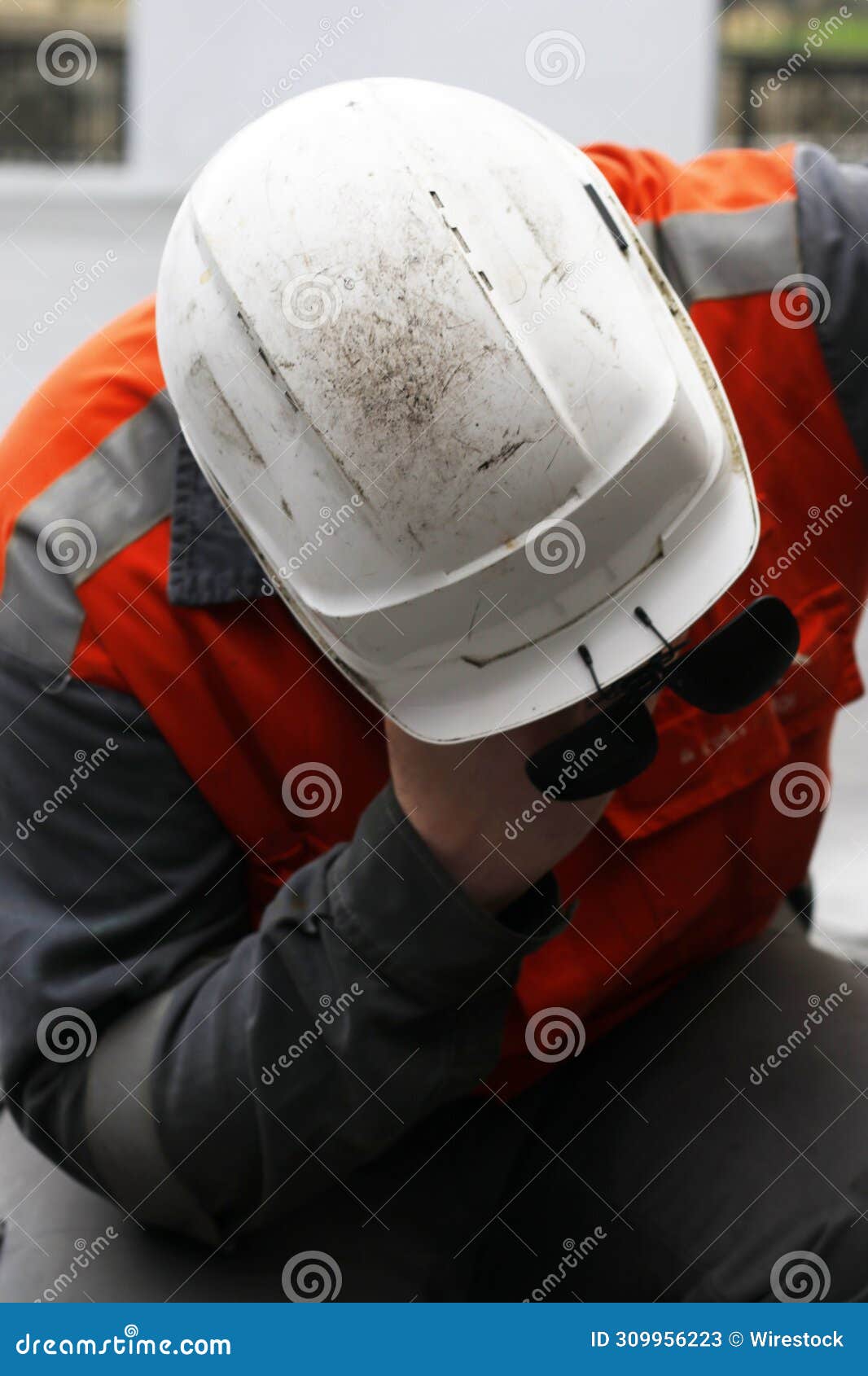Worker in a Helmet Tired after Work Shift Stock Image - Image of device ...