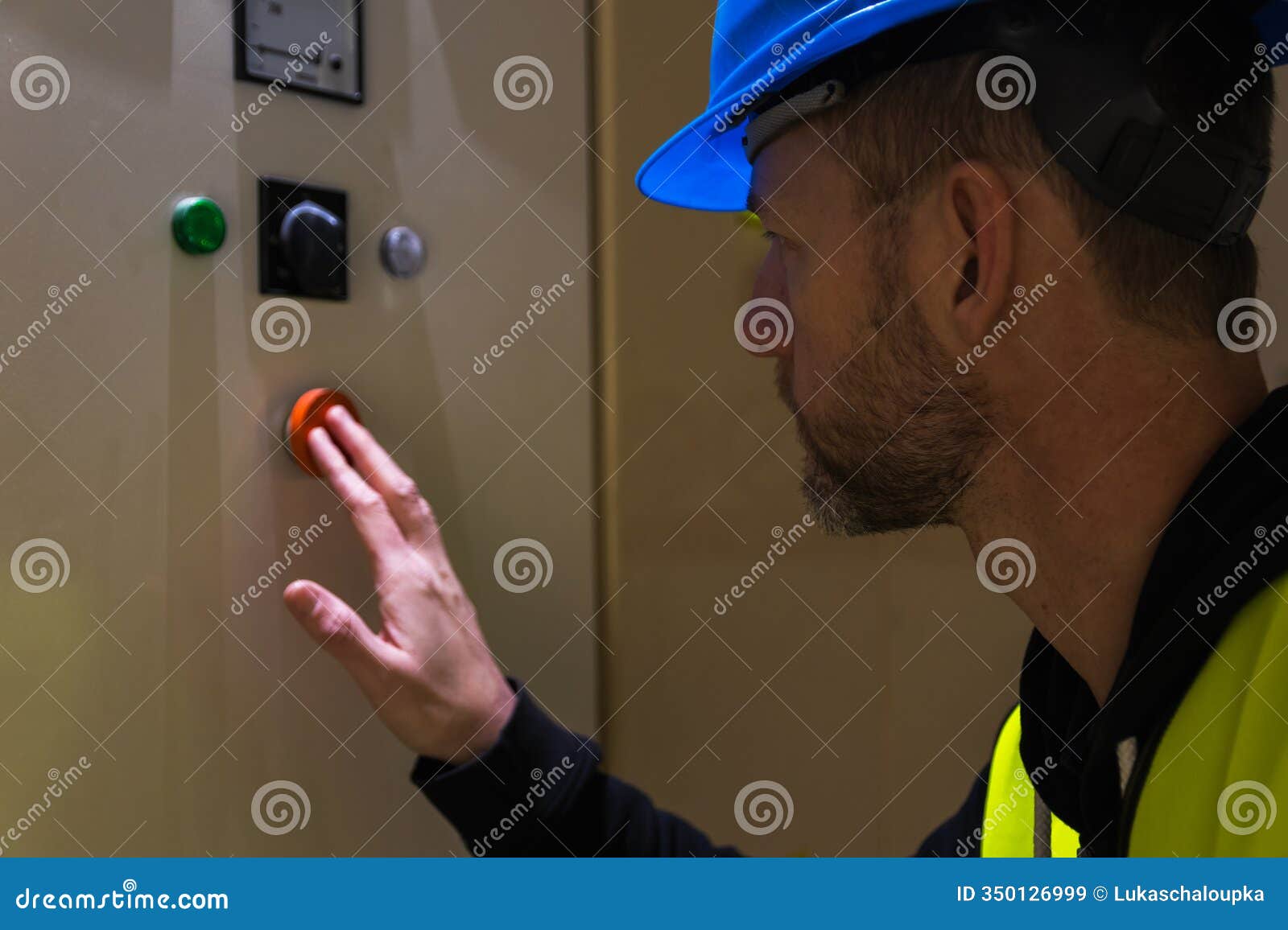 Worker in Helmet and Warning Vest Push Stop Button. Industry Disaster ...